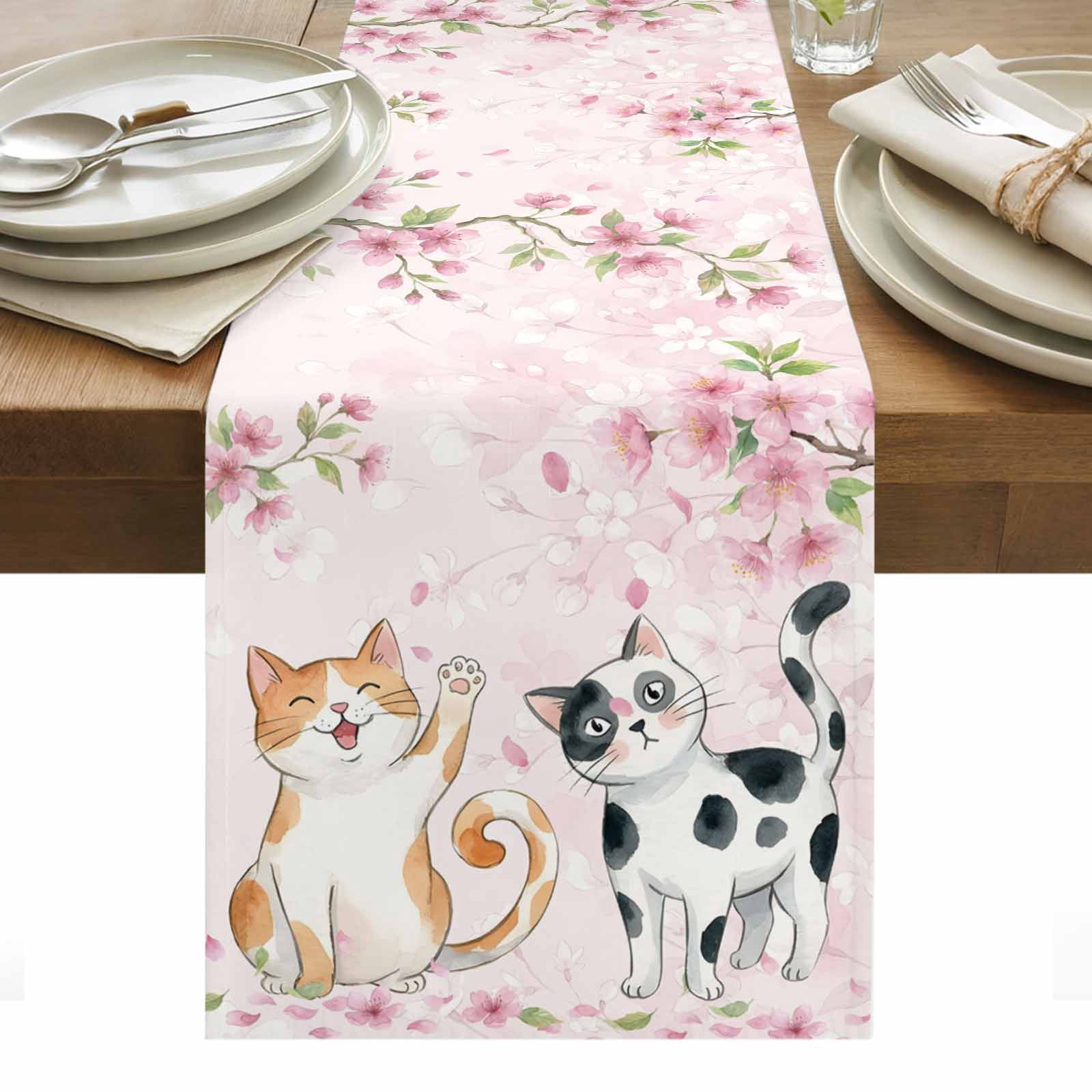 Cherry Blossom Cats Cotton Linen Table Runner Japanese Pink Cherry ...