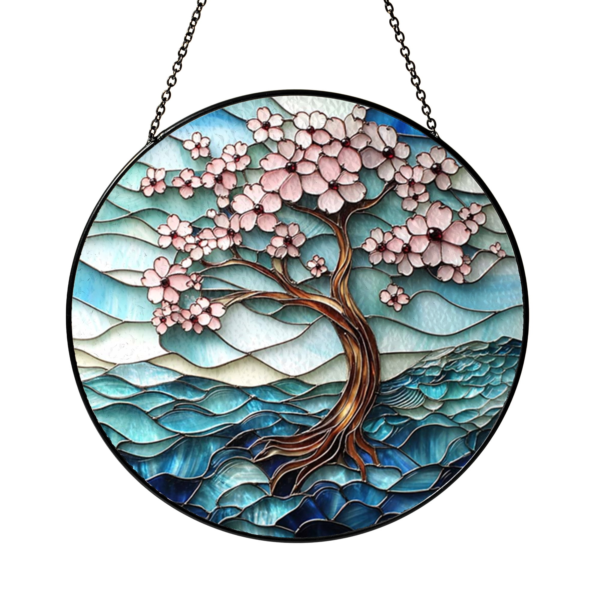 Cherry Blossom Coastal Scene Stained Glass Suncatcher, Decorative ...