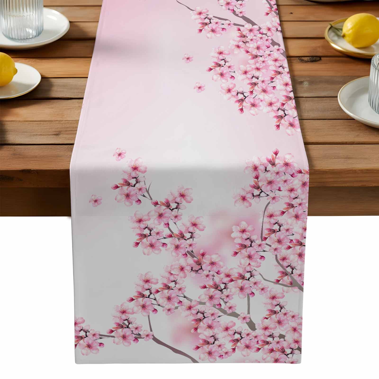 Cherry Blossom Cotton Linen Table Runner for Dining Kitchen, Gradient ...