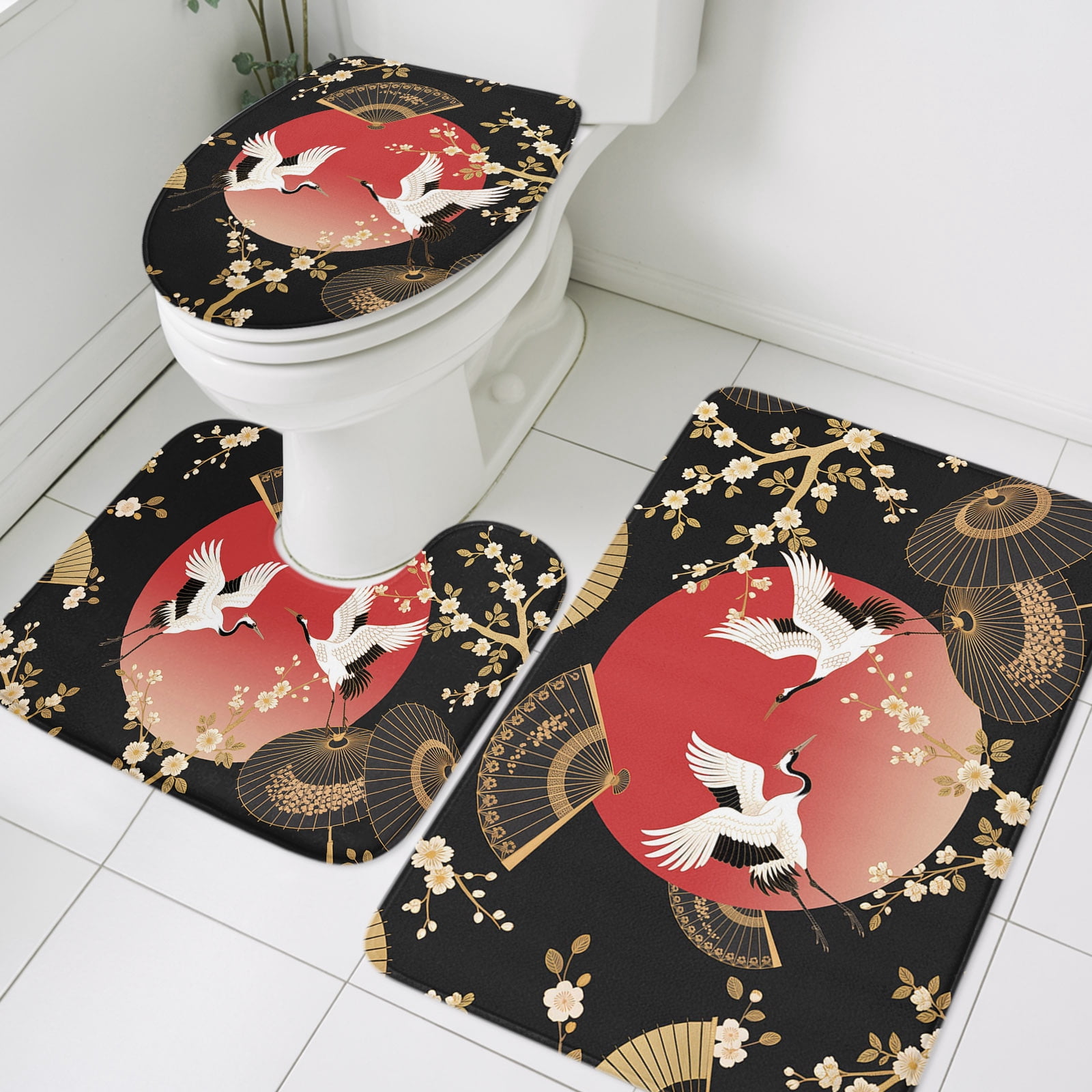 Cherry Blossom Crane Bathroom Rugs Set Paper Fan Japanese Style Black ...