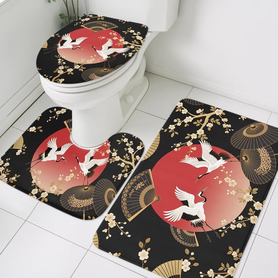 Cherry Blossom Crane Bathroom Rugs Set Paper Fan Japanese Style Black ...