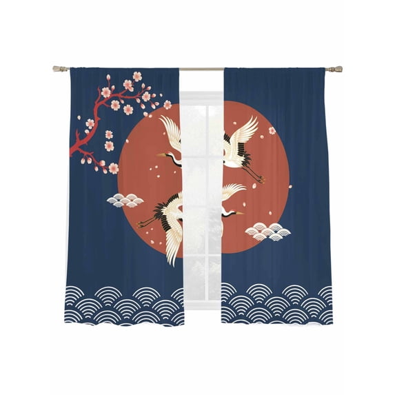 Cherry Blossom Crane Sheer Curtains 2 Panels Set Japanese Style Cloud ...