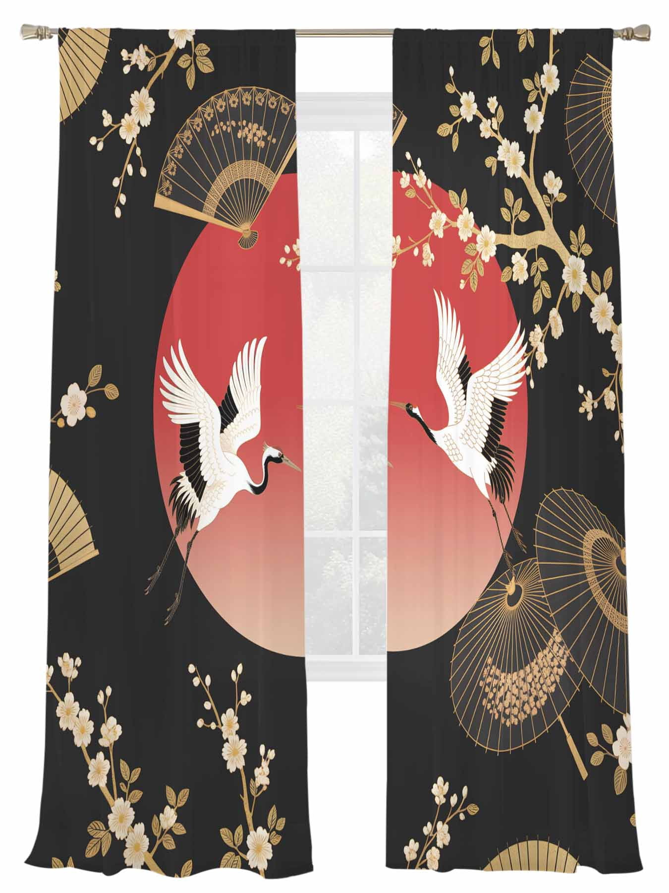 Cherry Blossom Crane Sheer Curtains 2 Panels Set Paper Fan Japanese ...
