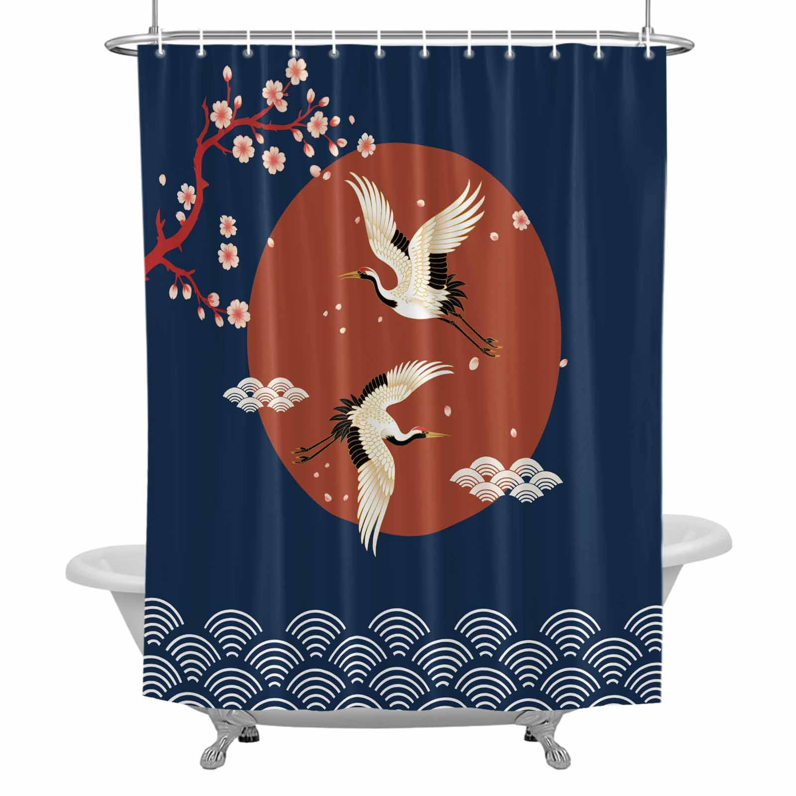 Cherry Blossom Crane Shower Curtain for Bathroom, Japanese Style Cloud ...