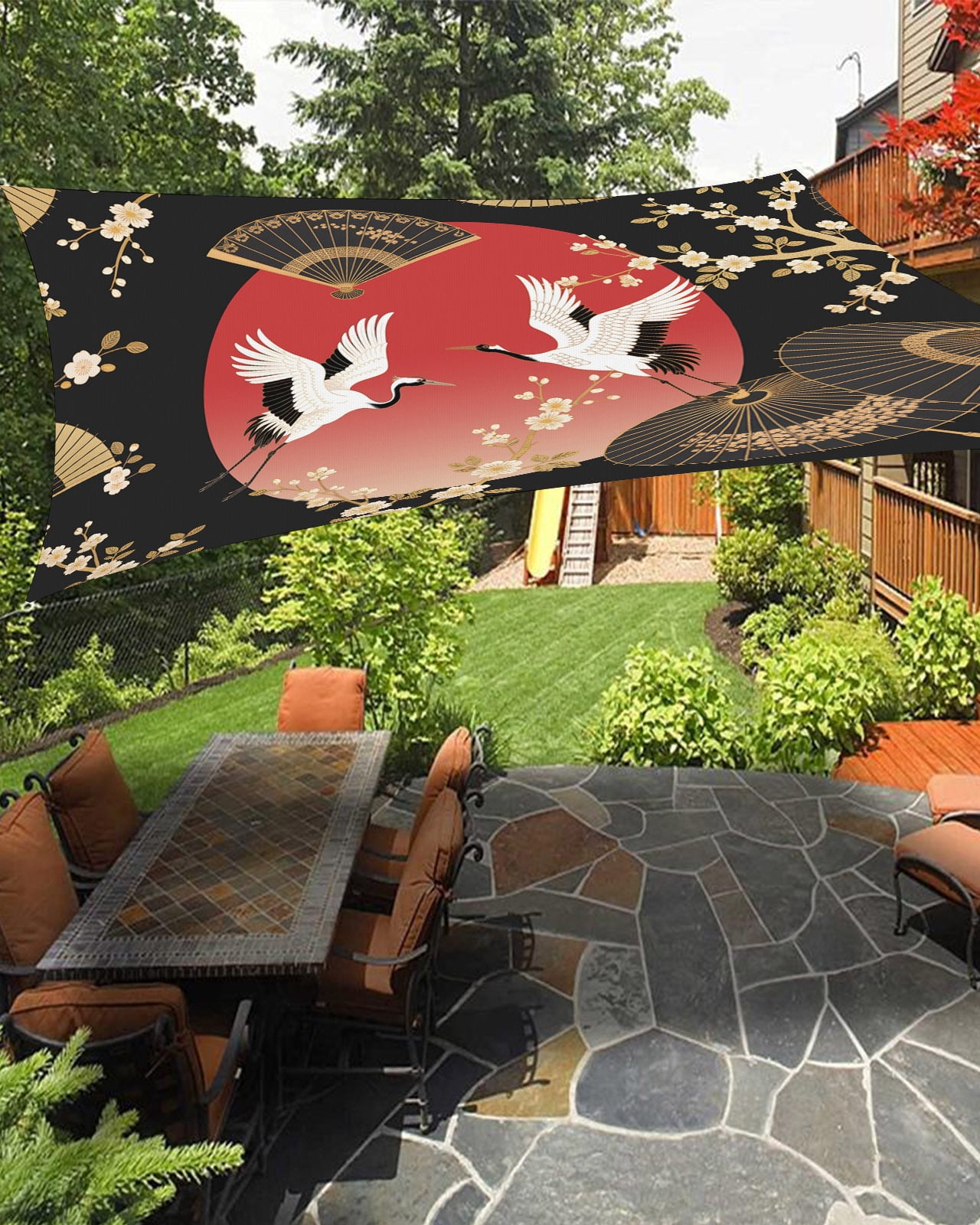 Cherry Blossom Crane Sun Shade Sail 12'X16' Paper Fan Japanese Style ...