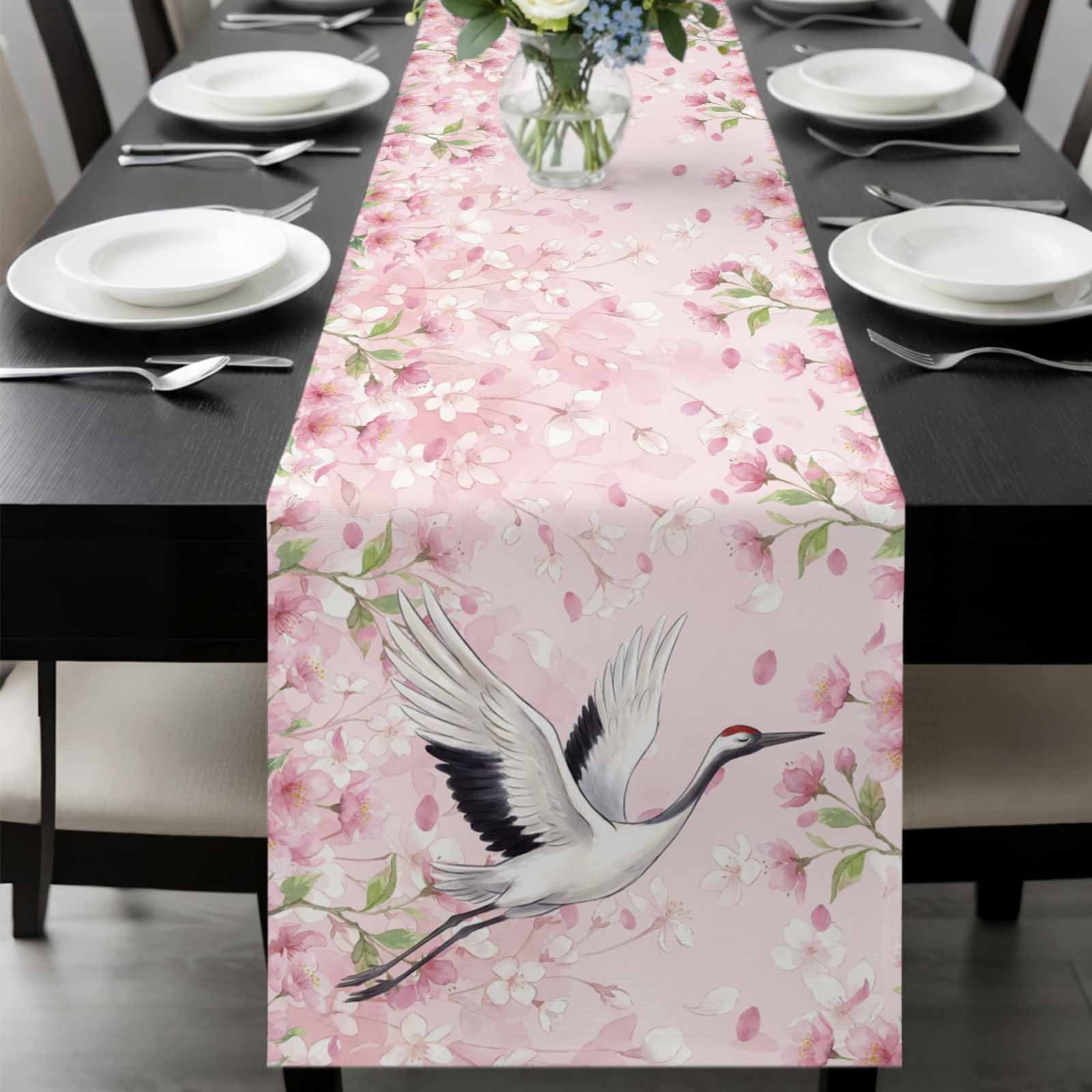 Cherry Blossom Crane Table Runner, Japanese Pink Cherry Floral Crane ...