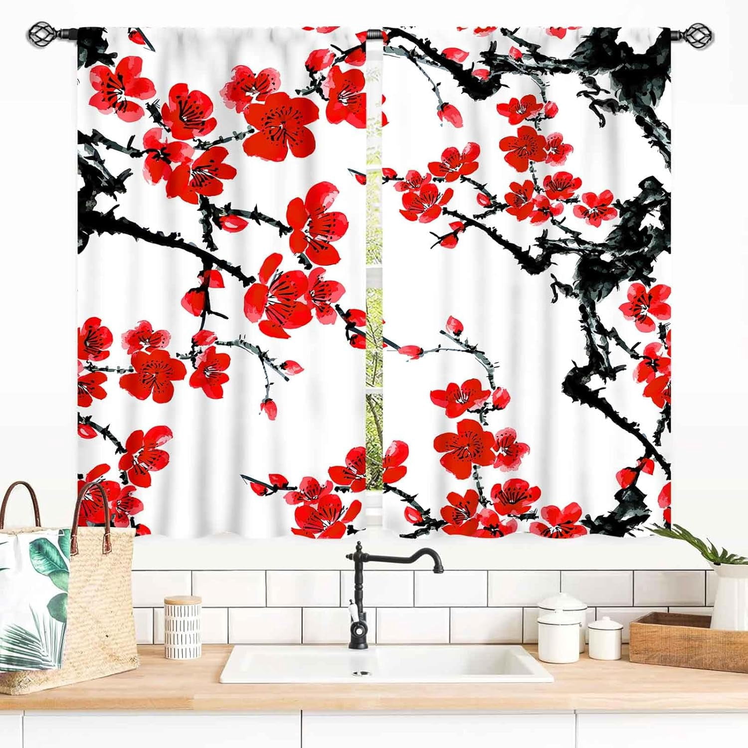 Cherry Blossom Curtains, Red Cherry Floral Plum Blossom Flowers ...