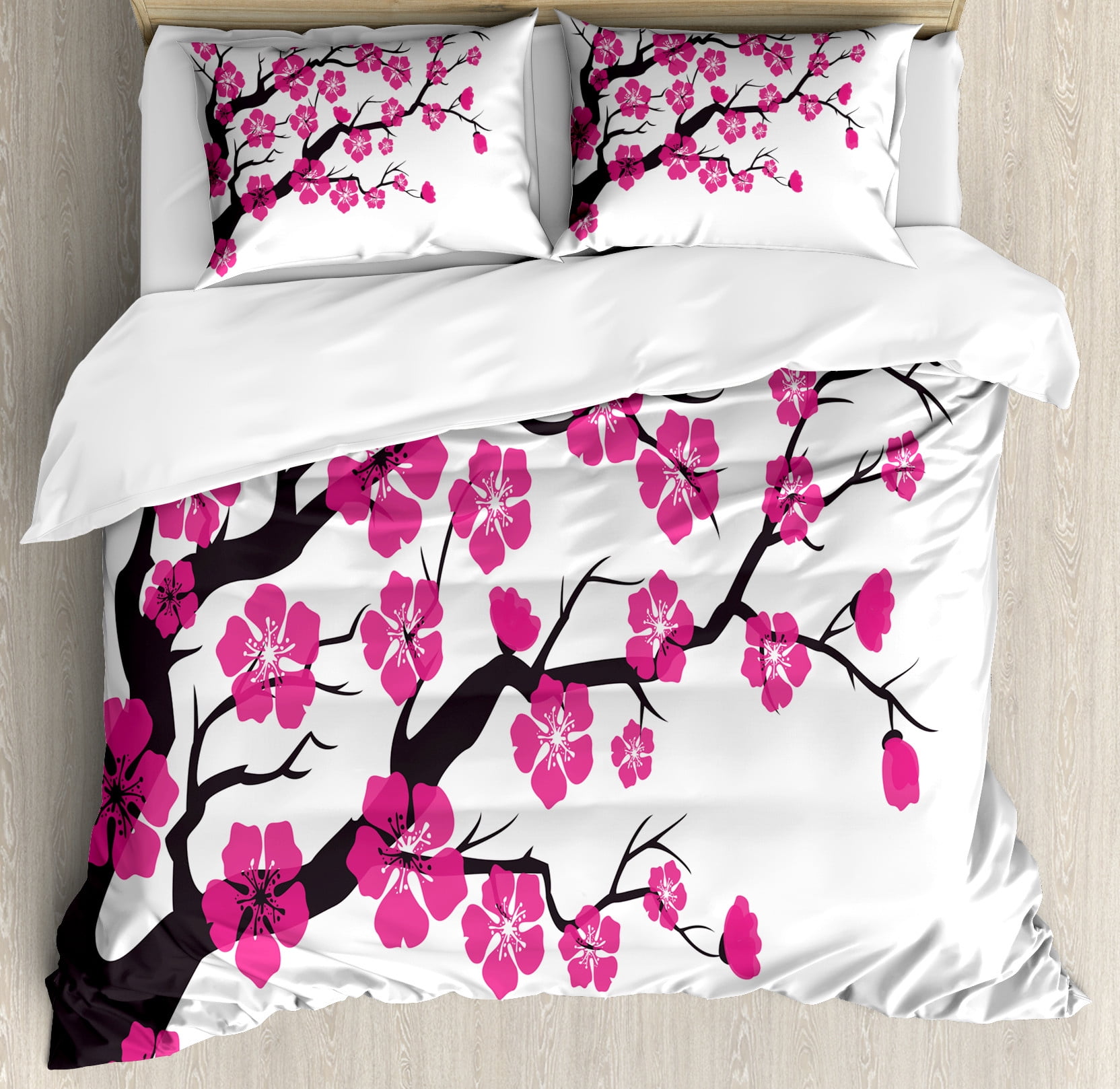 Cherry Blossom Duvet Cover Set, Digital Cartoon Image of Floral Sakura ...