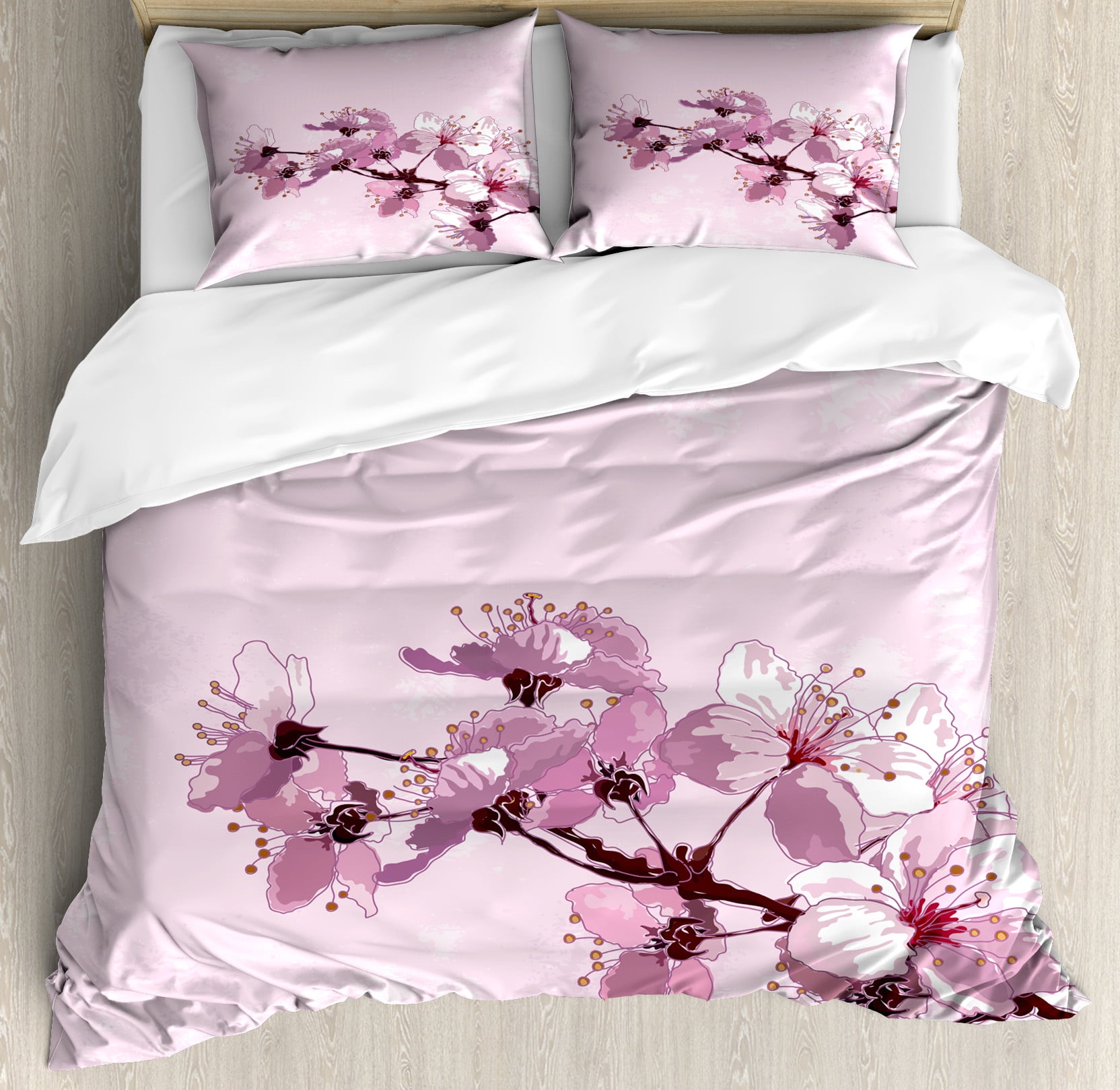 Cherry Blossom Duvet Cover Set, Grunge Watercolor Style Japanese Spring, Decorative 3 Piece ...