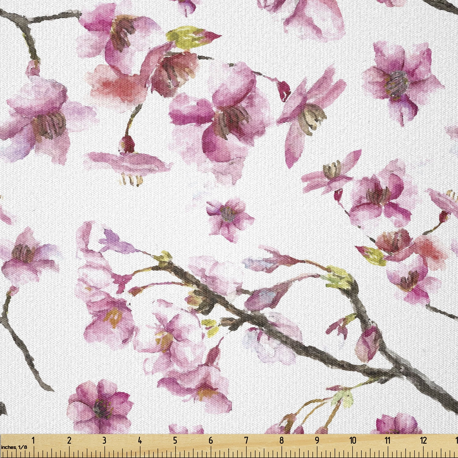 Cherry Blossom Fabric by The Yard, Watercolor Style Oriental Pattern ...
