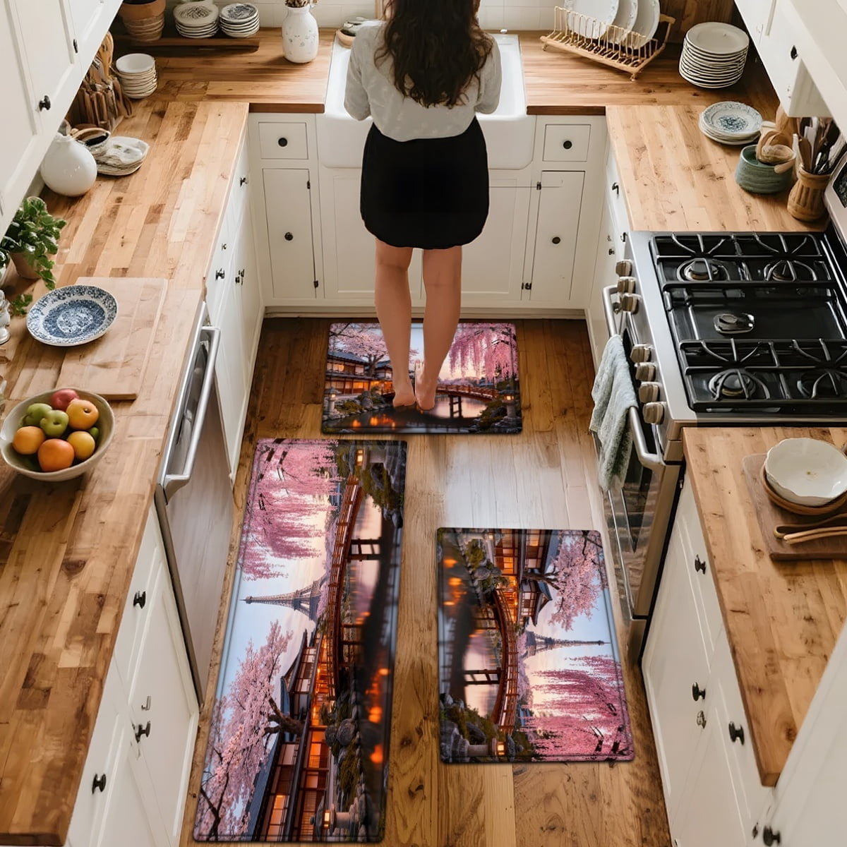 Cherry Blossom Festival Paris Flannel Kitchen Rugs Non Slip Washable ...