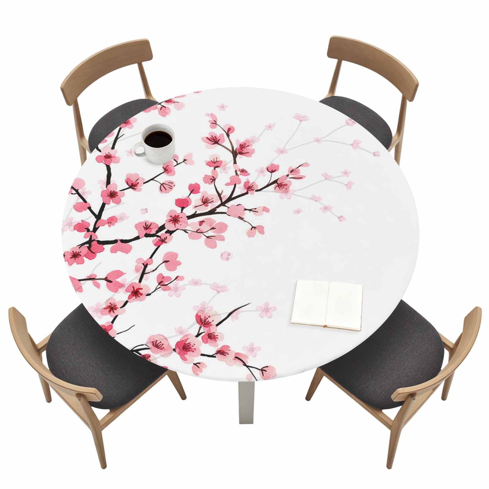 Cherry Blossom Fitted Tablecloth with Elastic Edged, Round Table Cloth ...