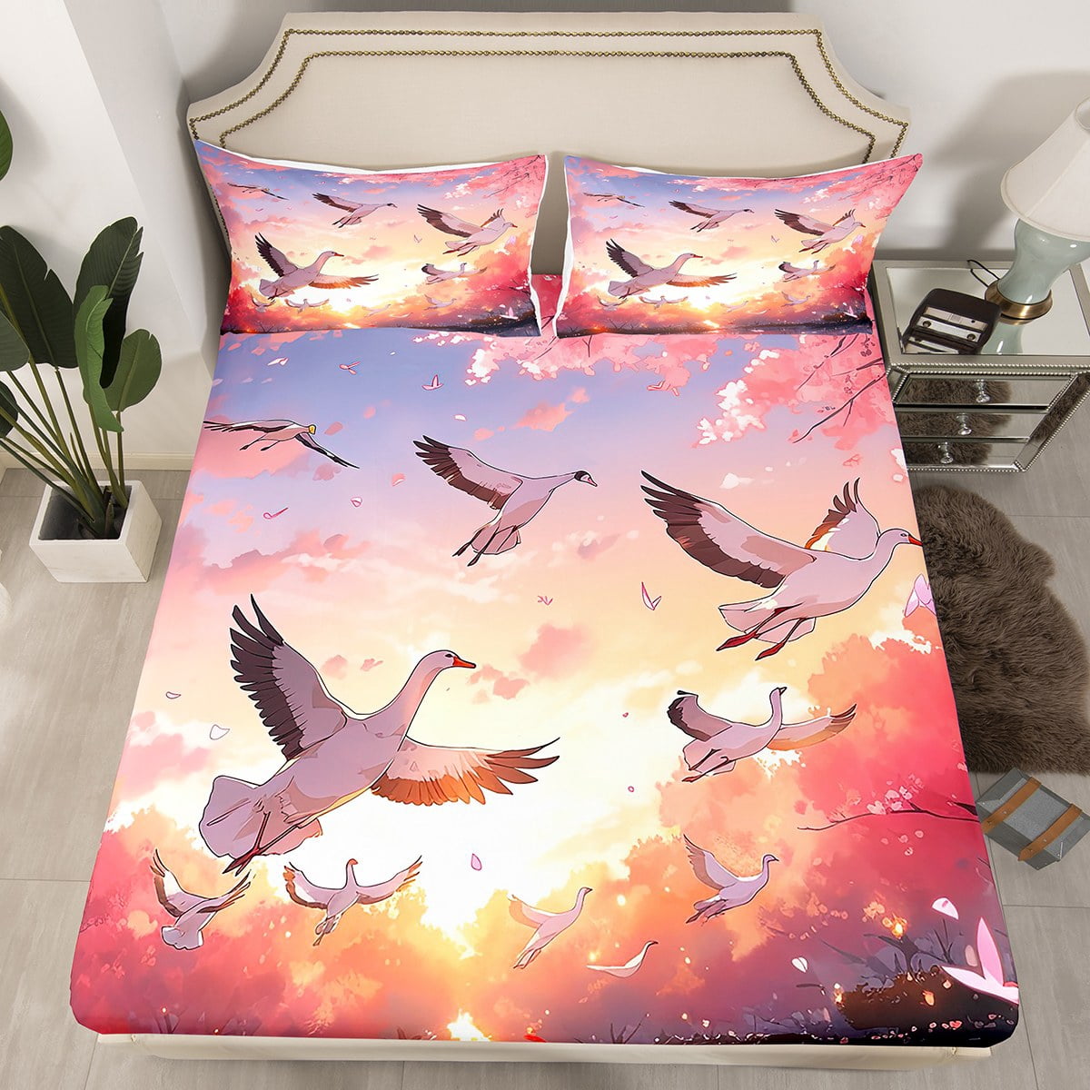 Cherry Blossom Fitted Sheetjapanese Style Queen Bed Sheets ,White Crane ...