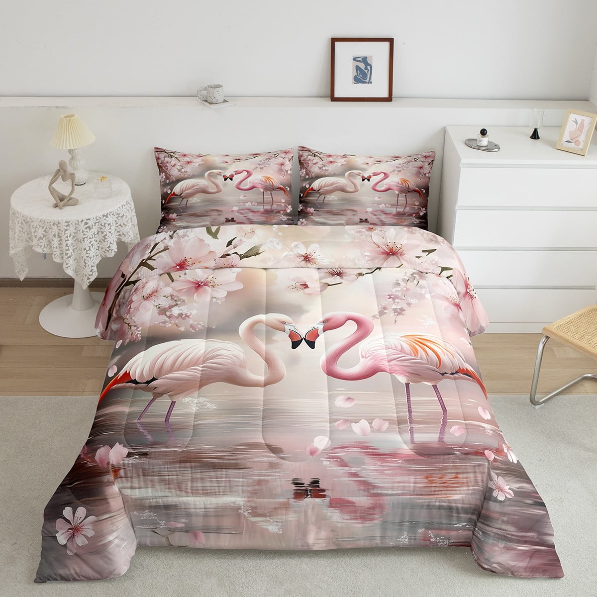 Cherry Blossom Flamingo Comforter Set King Japanese Bedding Comforter ...