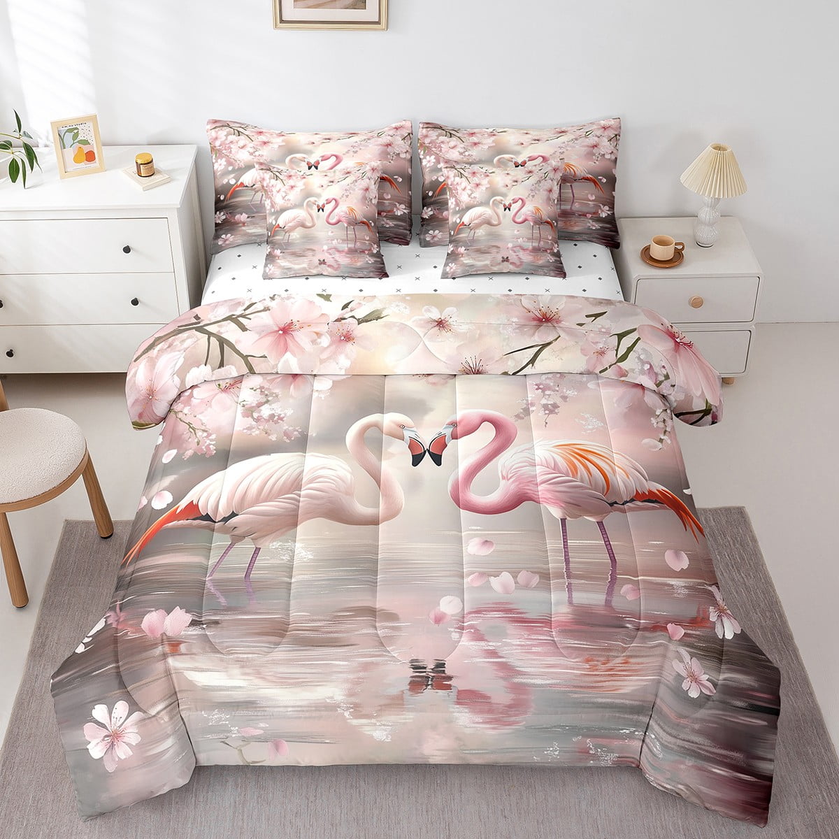 Cherry Blossom Flamingo Full Comforter Set 7 Piece Japanese Bed In A ...