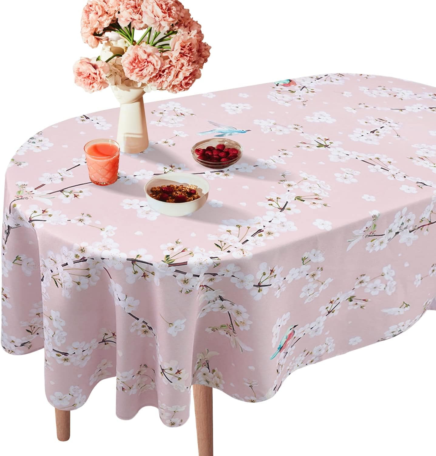 Cherry Blossom Floral Oval Tablecloth 60 x 84, Pink White Floral Spring ...