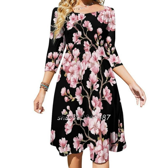 Cherry Blossom Floral Pattern Square Neck Dress Sweet Summer Dress ...