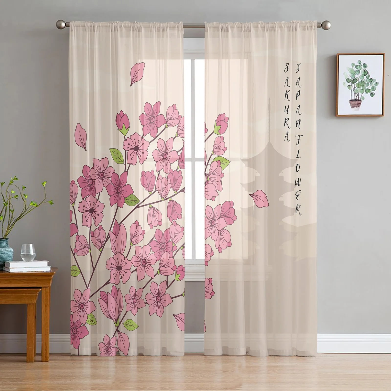 Cherry Blossom Flower Tower Japanese Voile Tulle Sheer Curtains for Bedroom Living Room Kitchen ...
