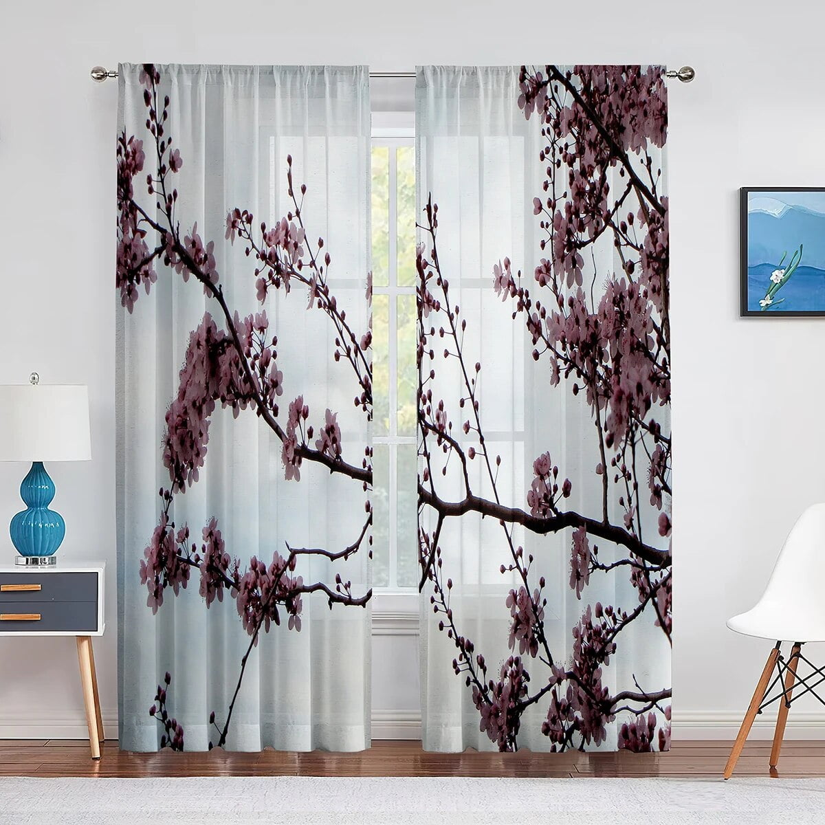 Cherry Blossom Flowers Pink Floral Tulle Curtains for Living Room ...