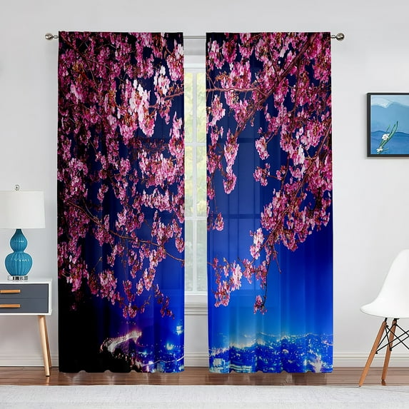 Cherry Blossom Flowers Pink Floral Tulle Curtains for Living Room ...