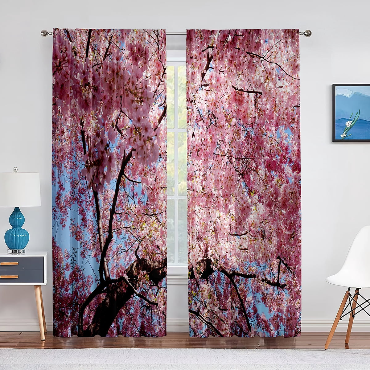 Cherry Blossom Flowers Pink Floral Tulle Curtains for Living Room ...