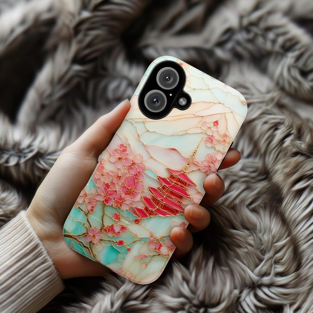 Cherry Blossom Fuji Pagoda Stained Glass Design Phone Case with iPhone ...