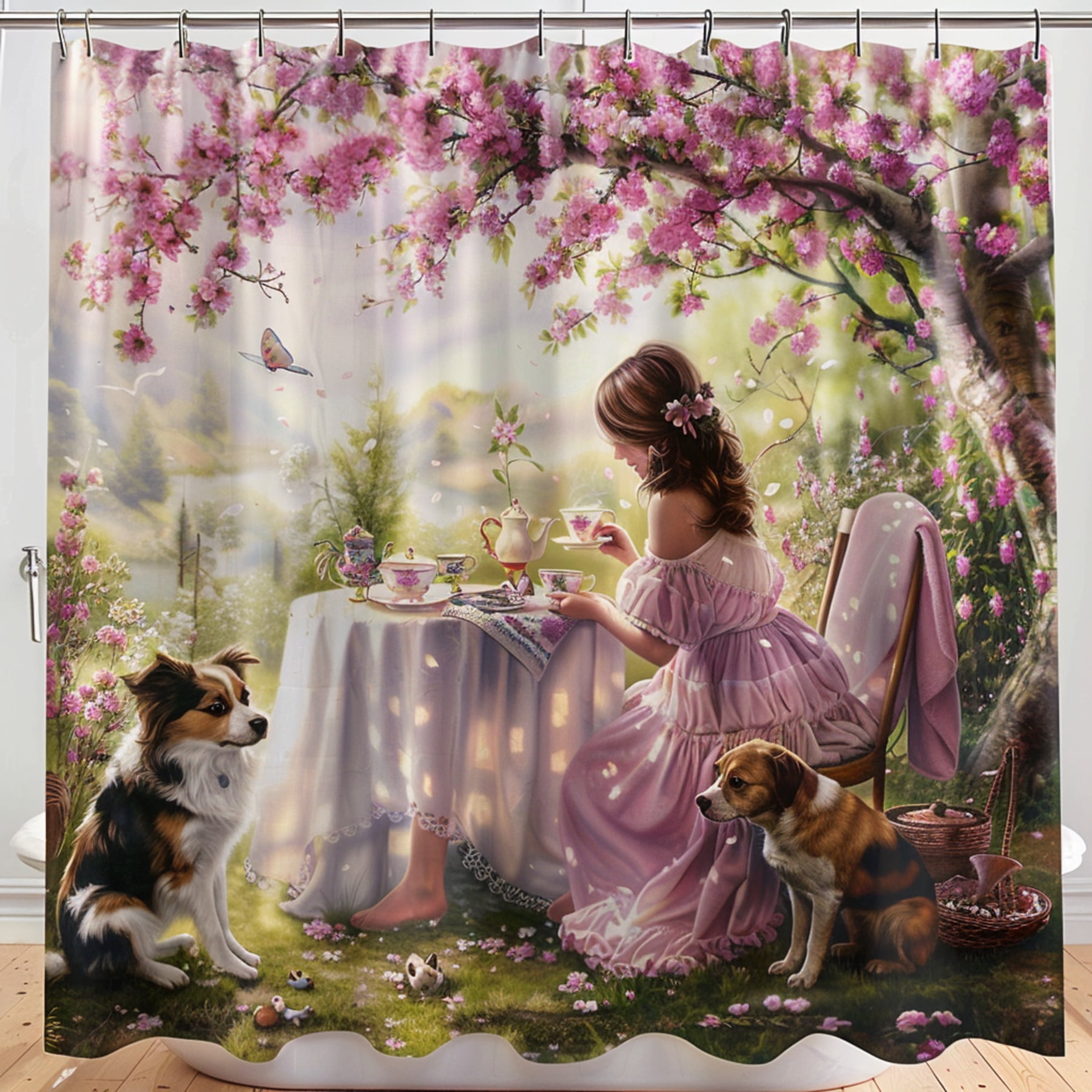 Cherry Blossom Garden Terrace Shower Curtain Springtime Charm with Girl ...
