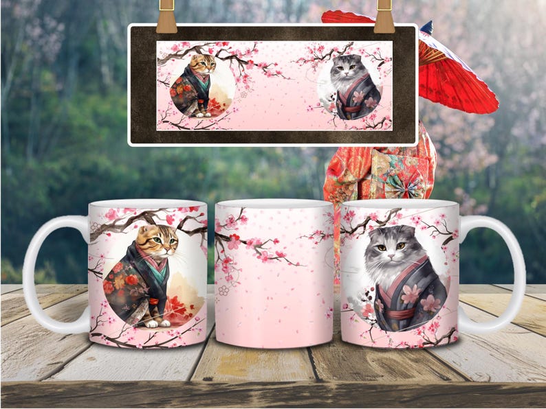 Cherry Blossom Geisha Cats Mug – Cute Japanese-Inspired Cat Art Coffee ...