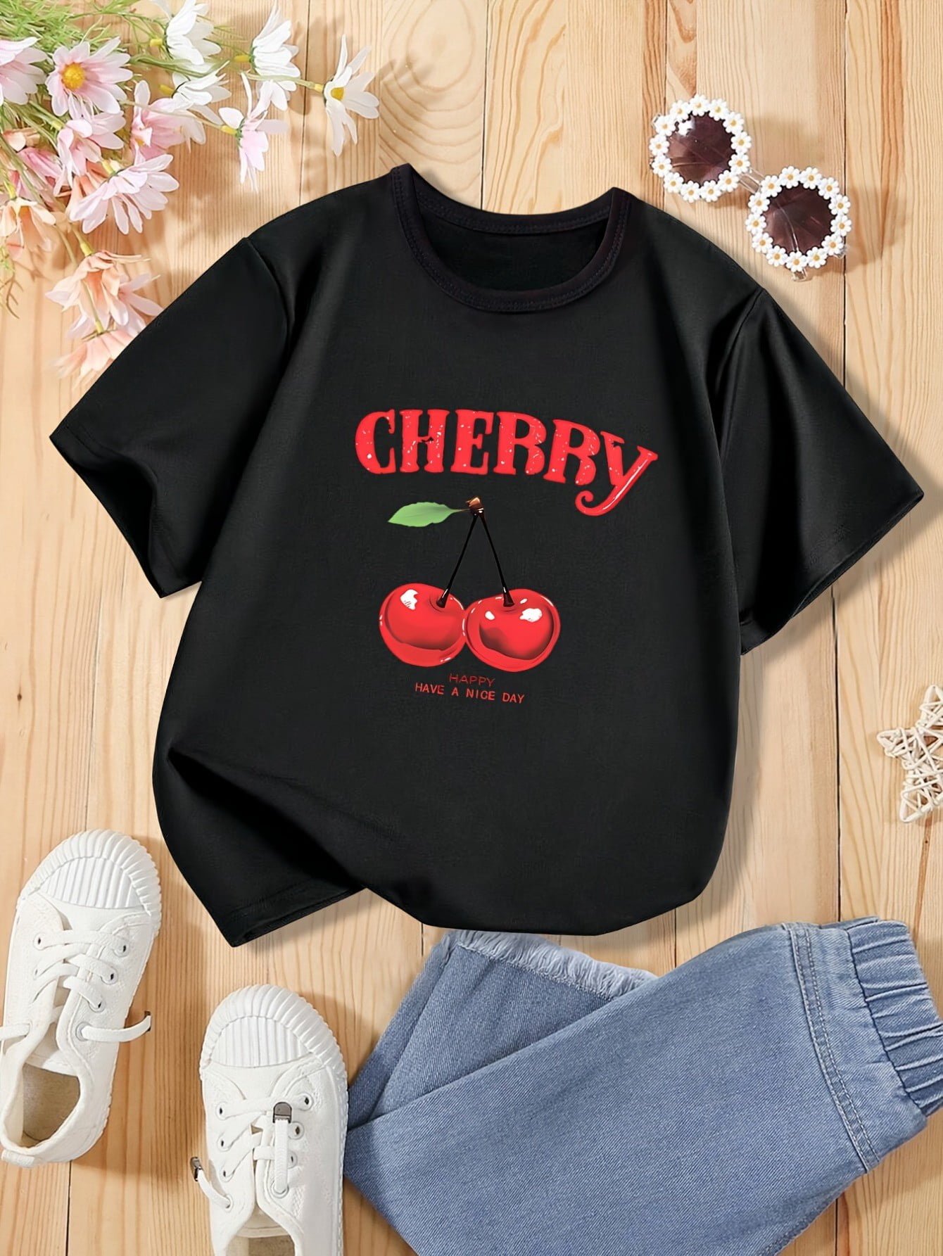 Cherry Blossom Graphic Girls' T-Shirt - Comfy & Durable Cotton, Short ...