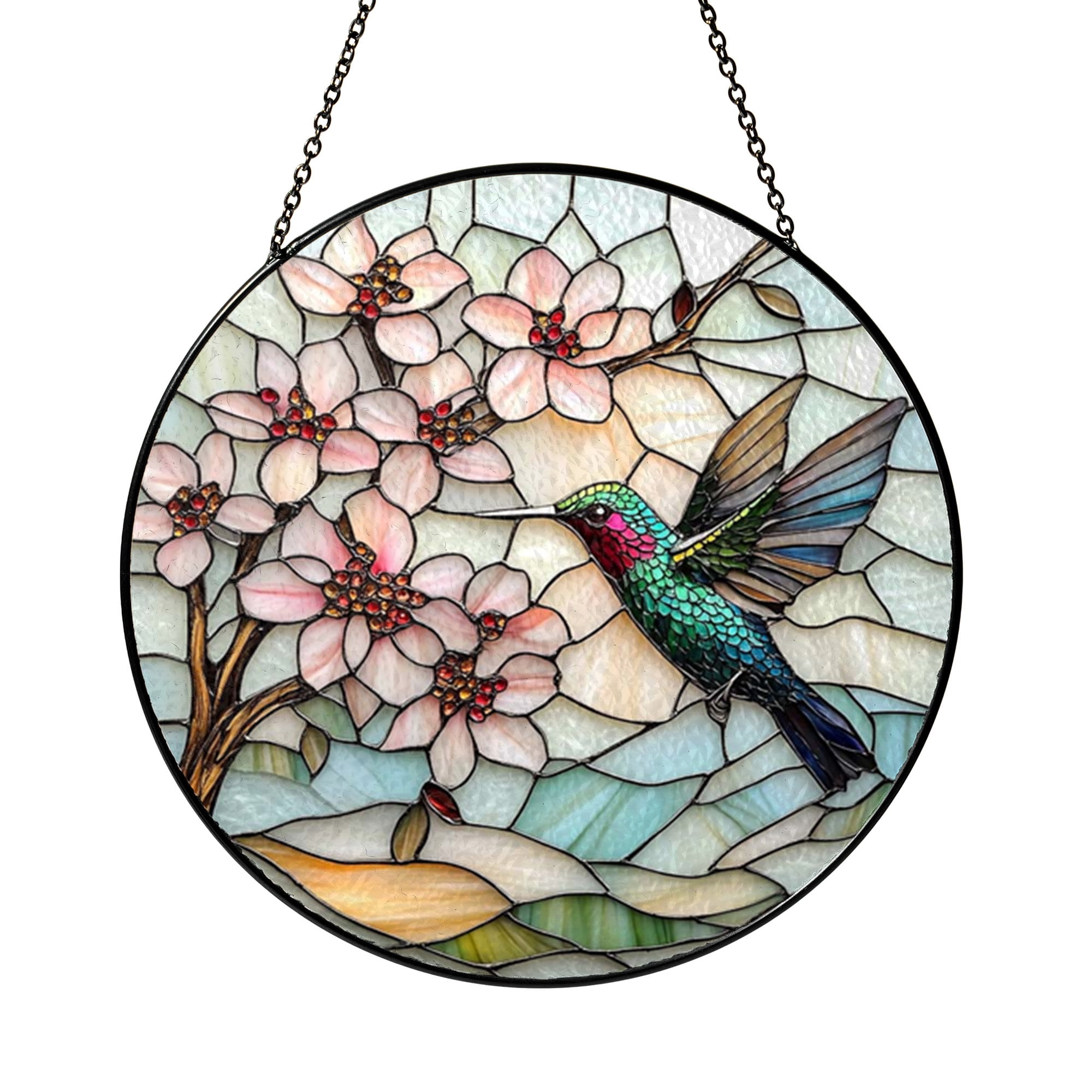 Cherry Blossom Hummingbird Stained Glass Suncatcher, Round Decorative ...