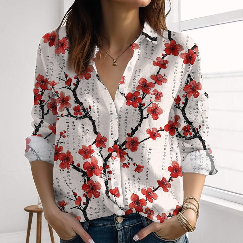 Cherry Blossom Japanese Linen-Look Shirt, Floral Flower Women Shirt ...