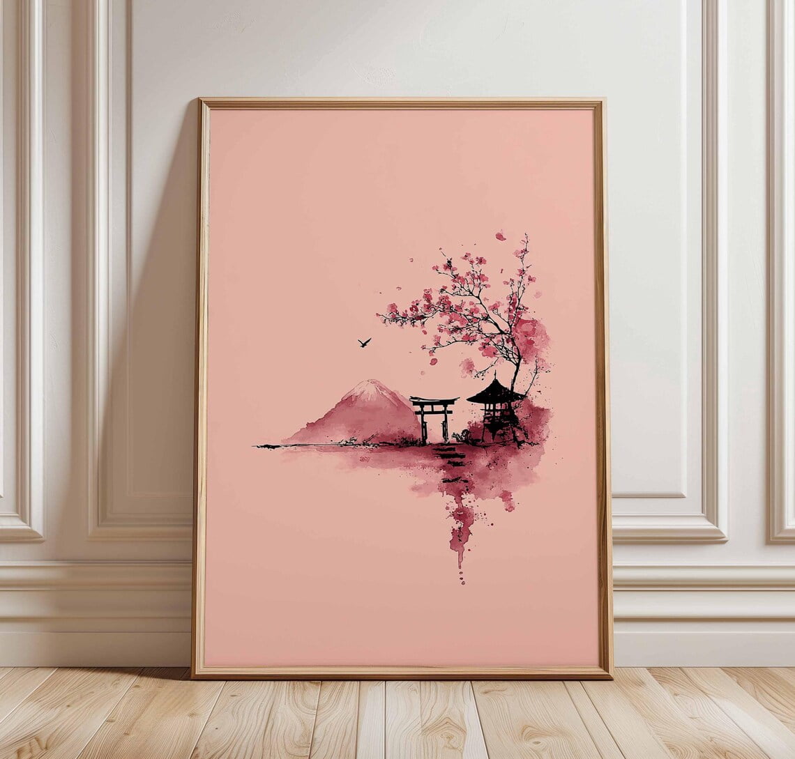 Cherry Blossom Japanese Wall Art Mount Fuji Torii Gate Temple Decor ...