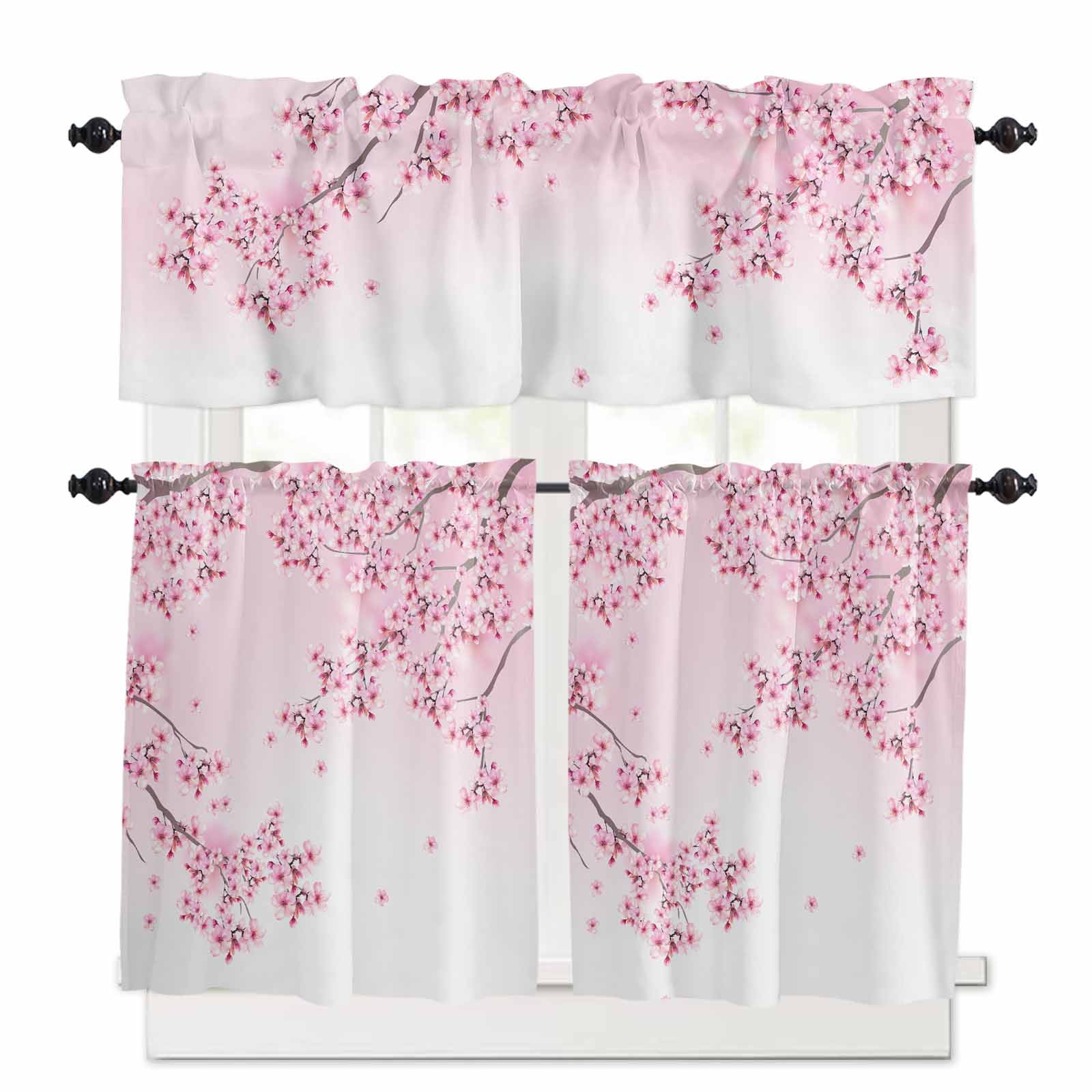 Cherry Blossom Kitchen Curtains Set for Windows 3 Pieces,36 Inch Length ...