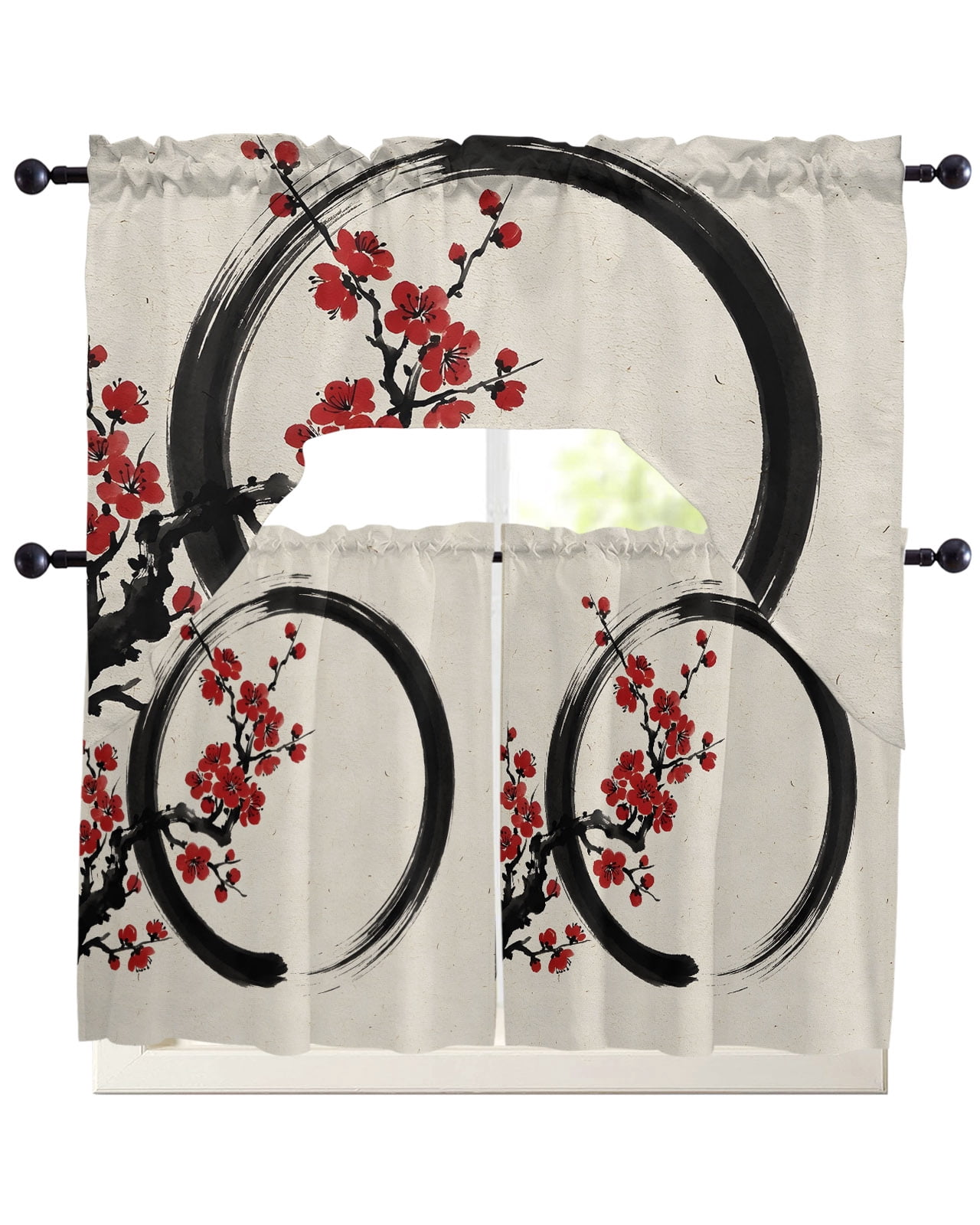 Cherry Blossom Kitchen Curtains Sets 24 Inch Length with Valance, Asian ...