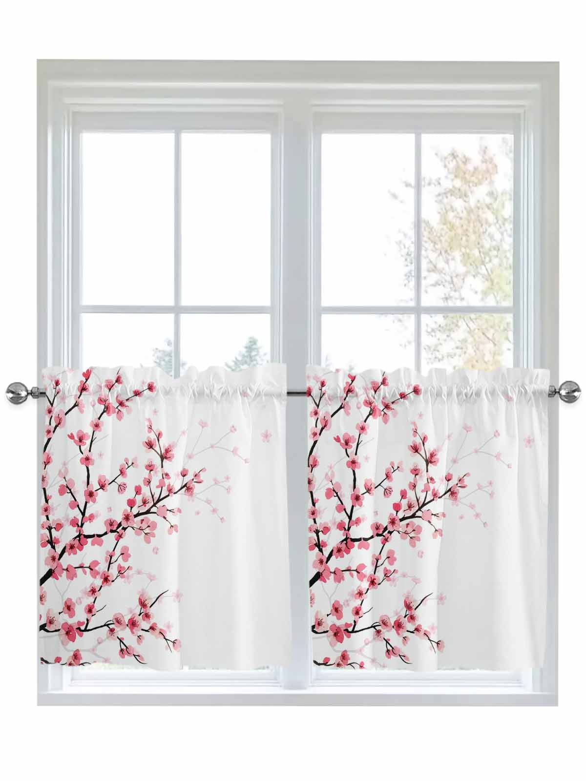 Cherry Blossom Kitchen Curtains Tier 36 Inch Length, Spring Pink Floral ...