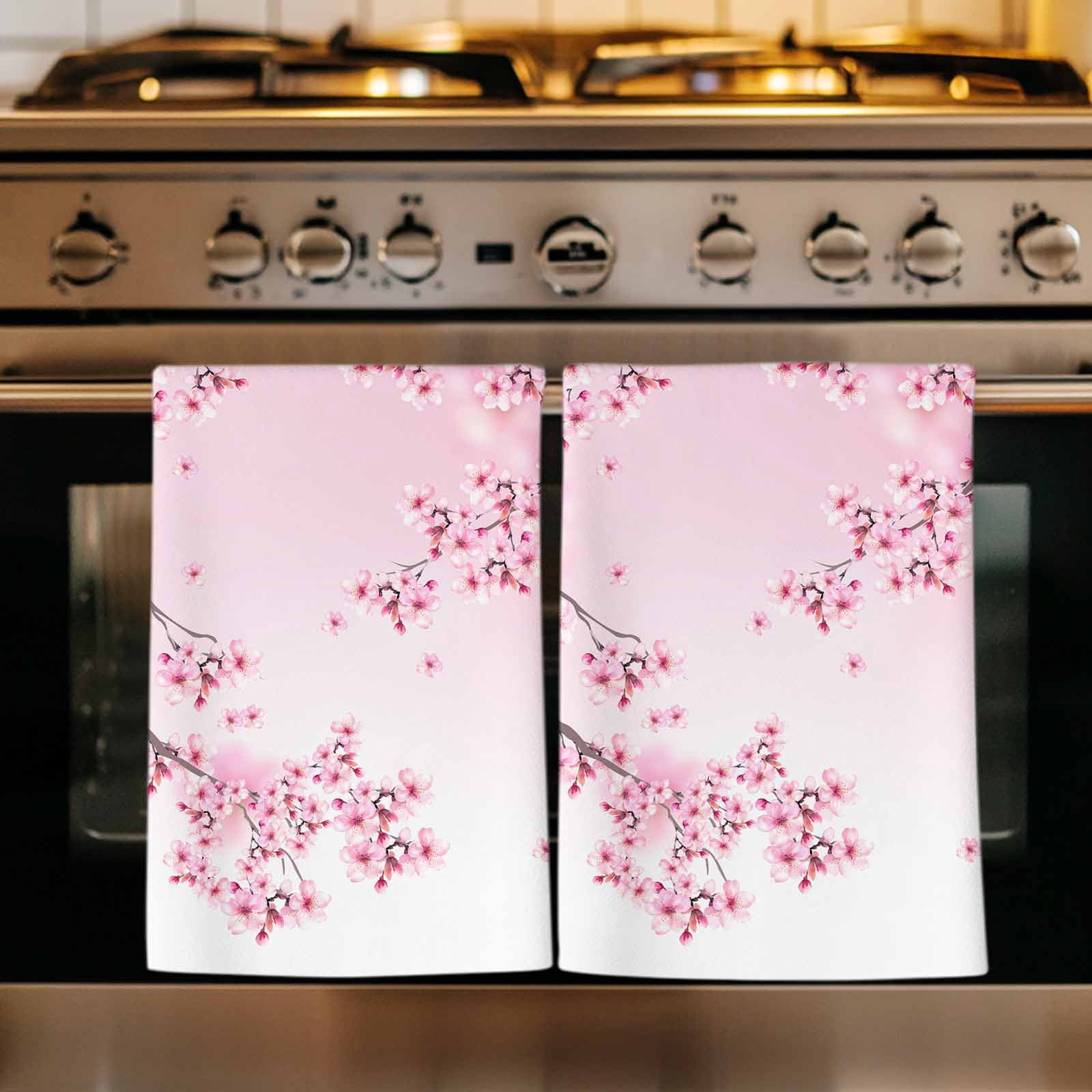 Cherry Blossom Kitchen Towels Set of 4, Gradient Tree Pink Flower Plant ...