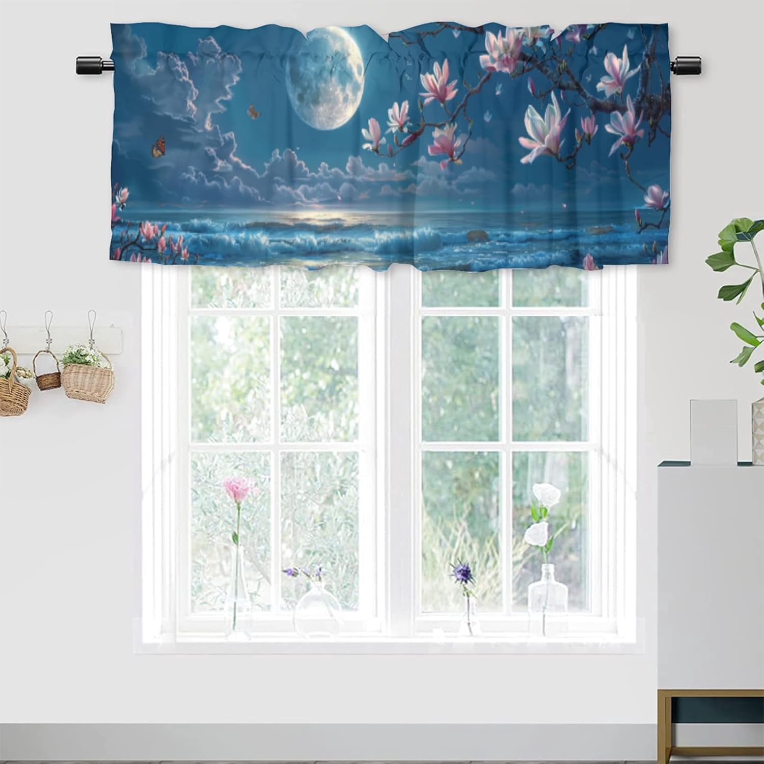 Cherry Blossom Kitchen Valance Curtains Asian Pink Flowers Mountain ...