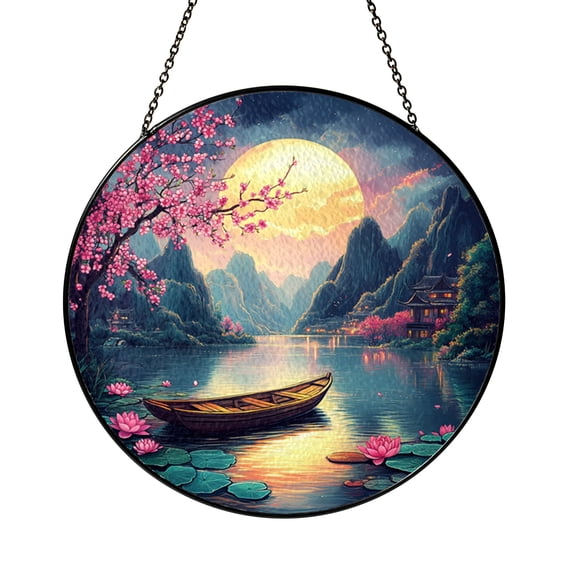 Cherry Blossom Lake Night Scene Stained Glass Style Suncatcher – Window ...