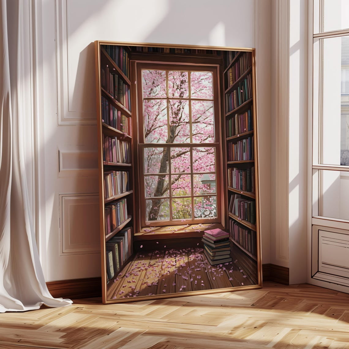 Cherry Blossom Library Art Print – Spring Window Scene With Books ...