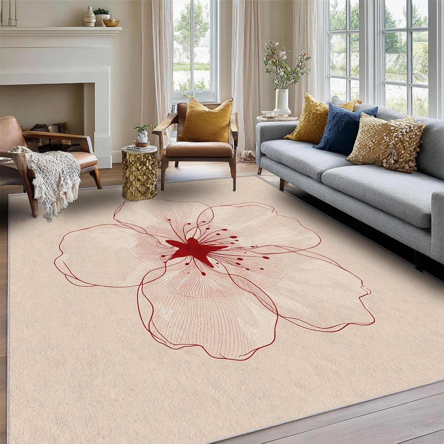 Cherry Blossom Minimalist Floral Area Rug, Modern Design Carpet ...