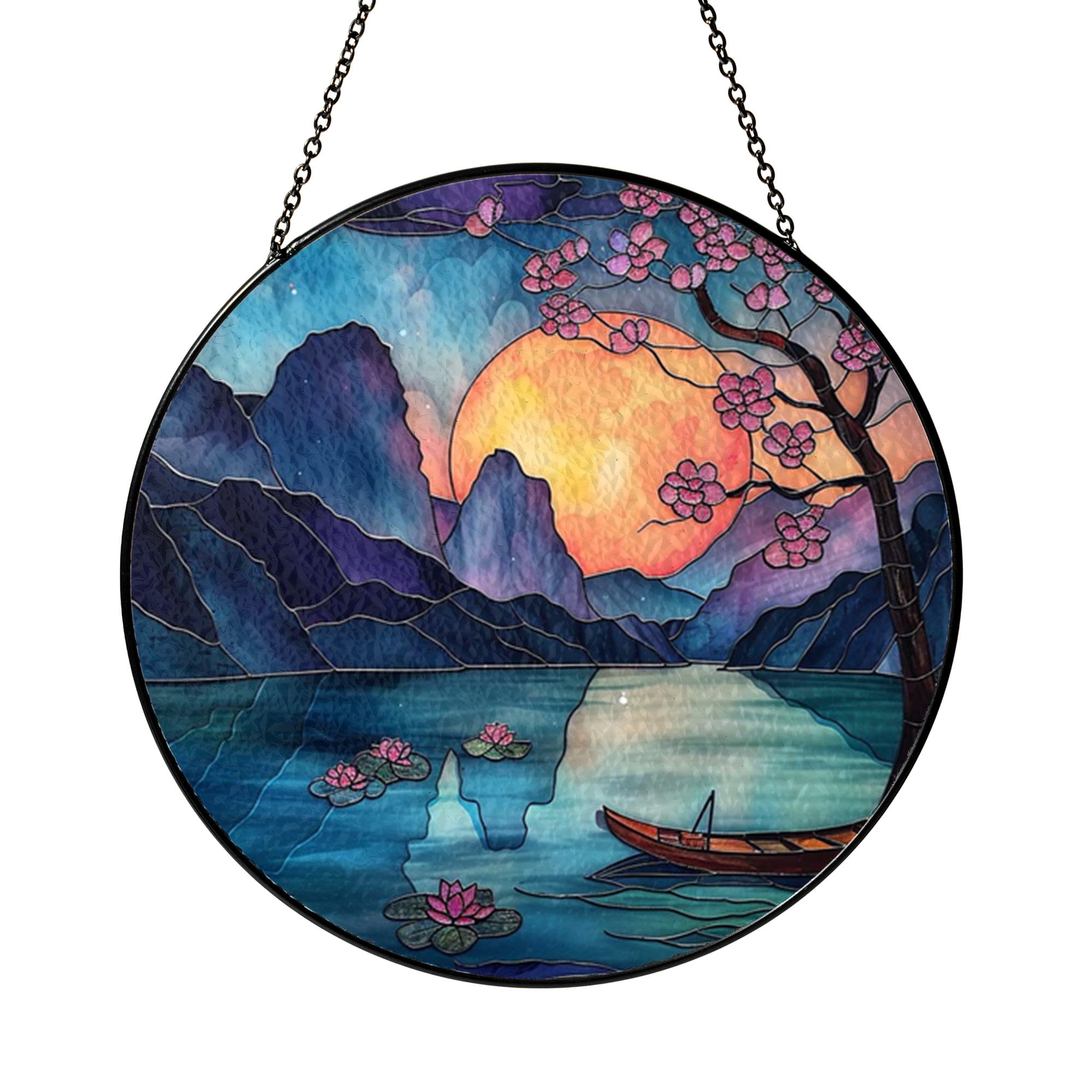 Cherry Blossom Moon Stained Glass Suncatcher – Lake Boat Window Hanging ...