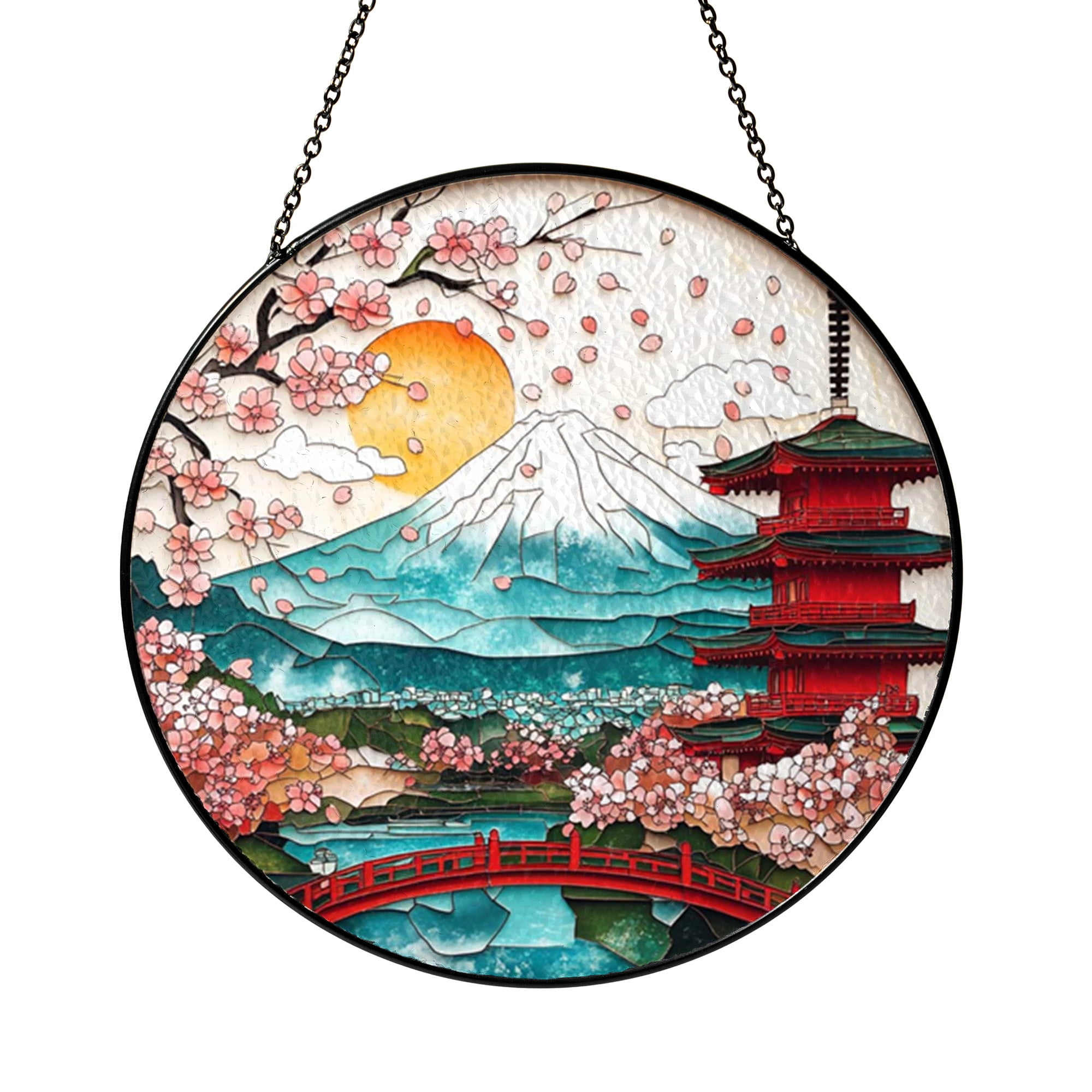 Cherry Blossom Mount Fuji Stained Glass Suncatcher, Pagoda Landscape ...