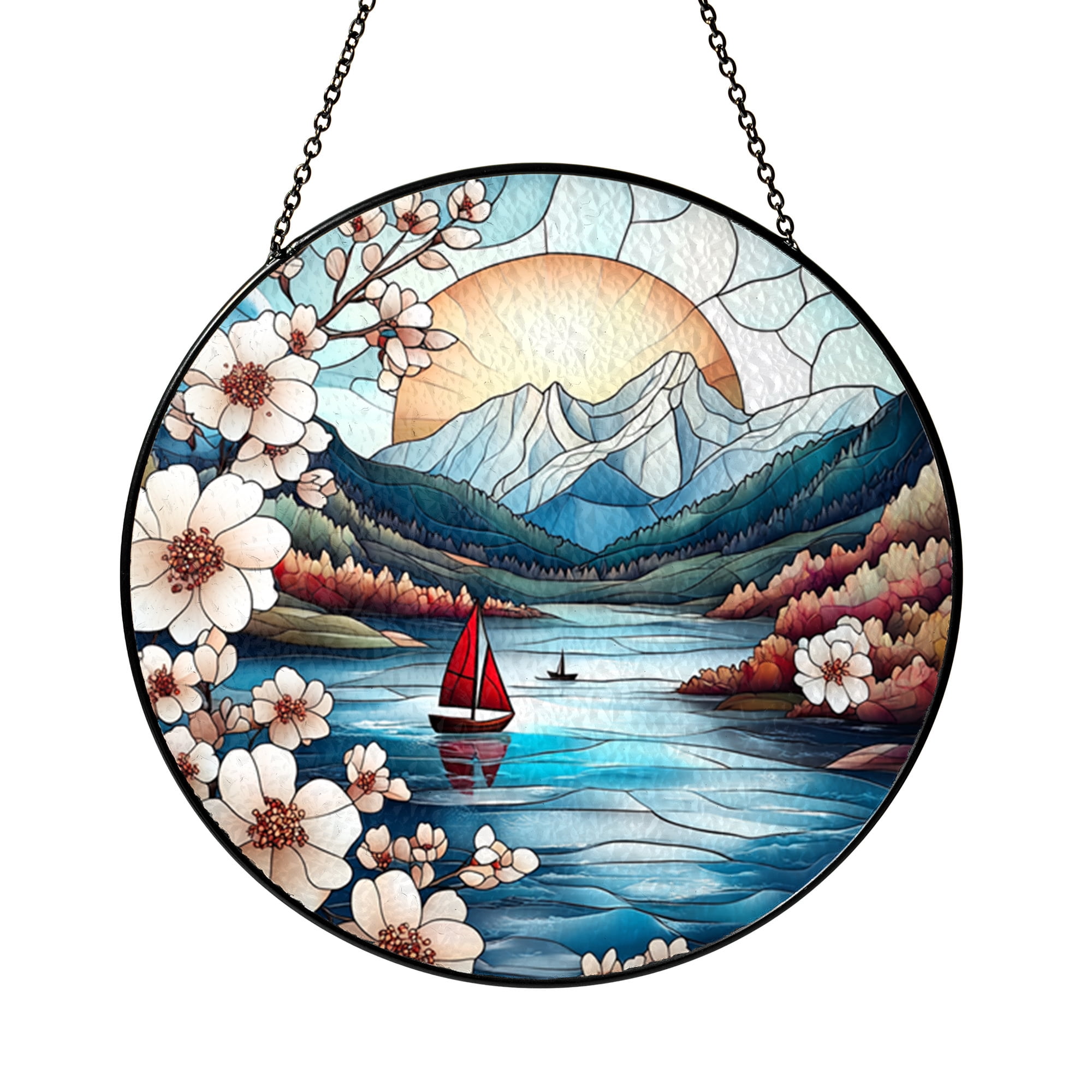Cherry Blossom Mountain Lake Stained Glass Suncatcher, Scenic Sailboat ...