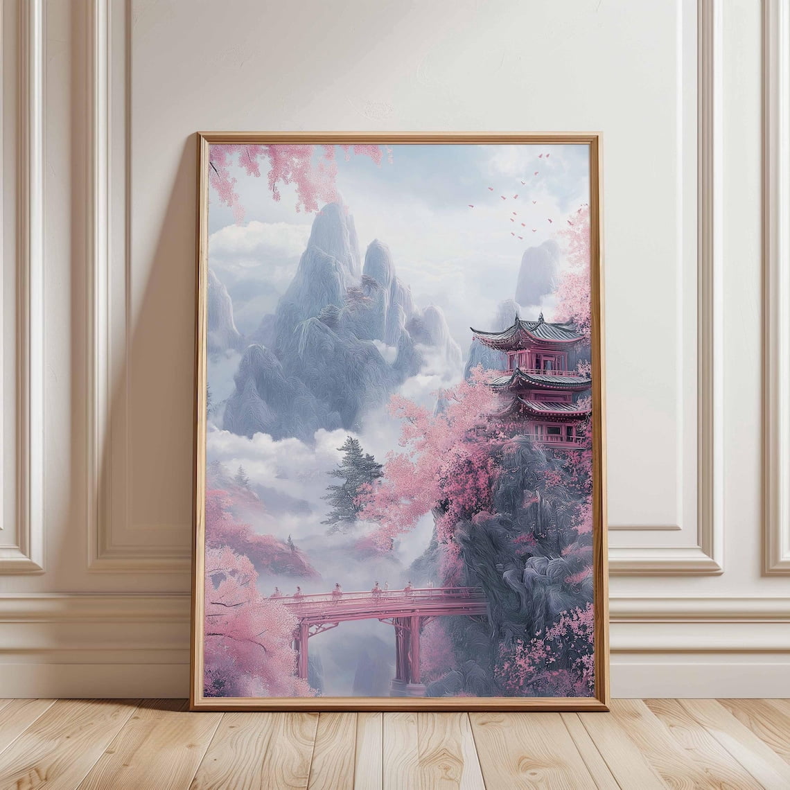 Cherry Blossom Mountain Poster Japanese Bridge Tranquil Landscape ...