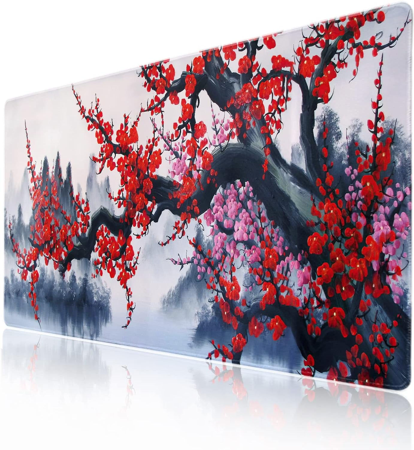 Cherry Blossom Mouse Pad Japanese Sakura Watercolor Hill Extended Desk Mat 90X40 cm Non-Slip ...