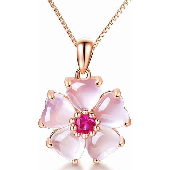Cherry Blossom Necklace for Women, Rose Gold Pendant Necklace with Pink ...