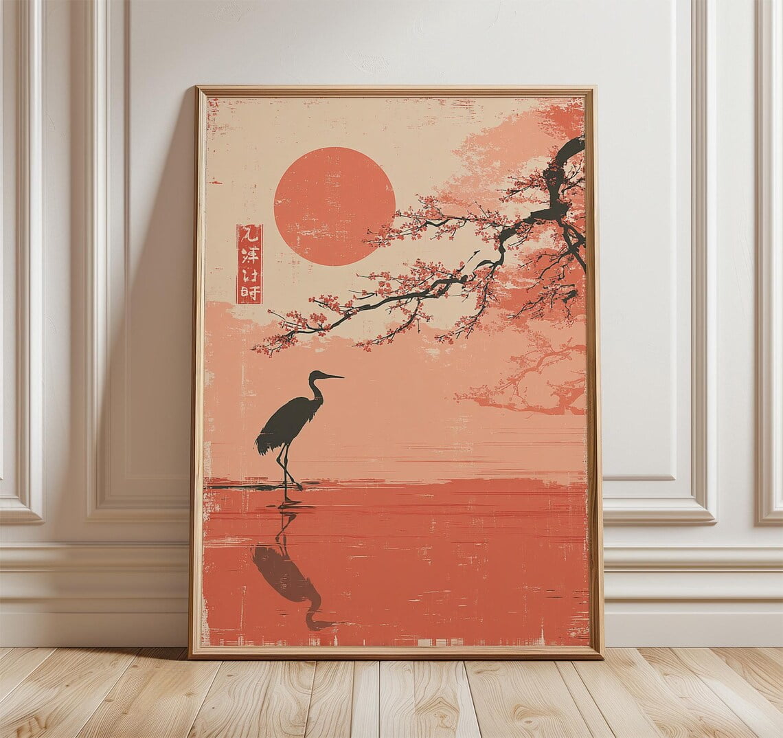 Cherry Blossom Pagoda Japanese Sunset Crane Minimalist Oriental Art ...