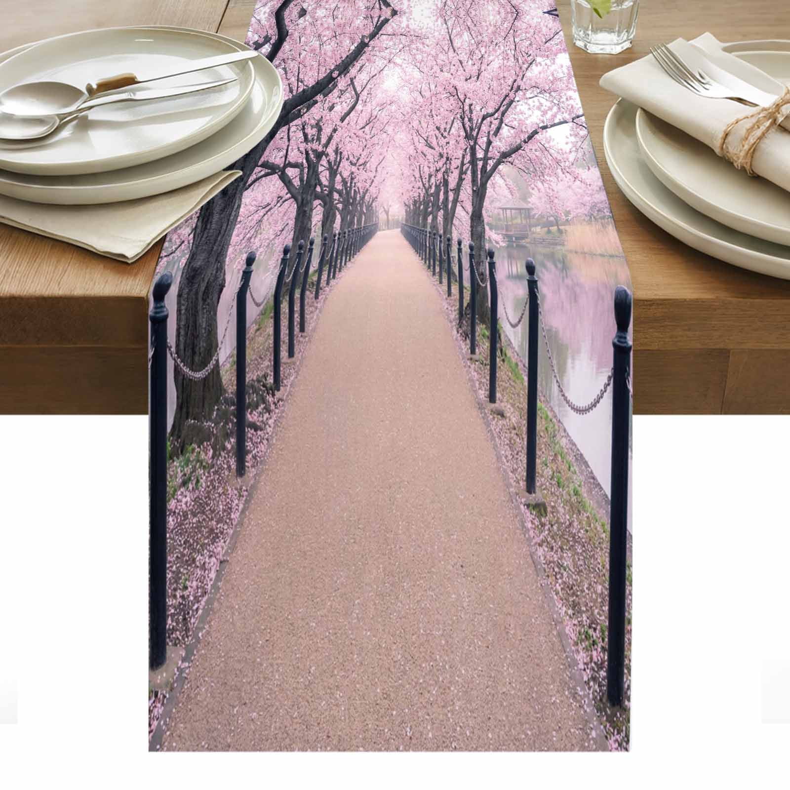 Cherry Blossom Path Cotton Linen Table Runner Spring Dreamy Pink Flower ...