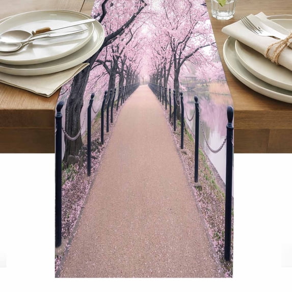Cherry Blossom Path Cotton Linen Table Runner Spring Dreamy Pink Flower ...