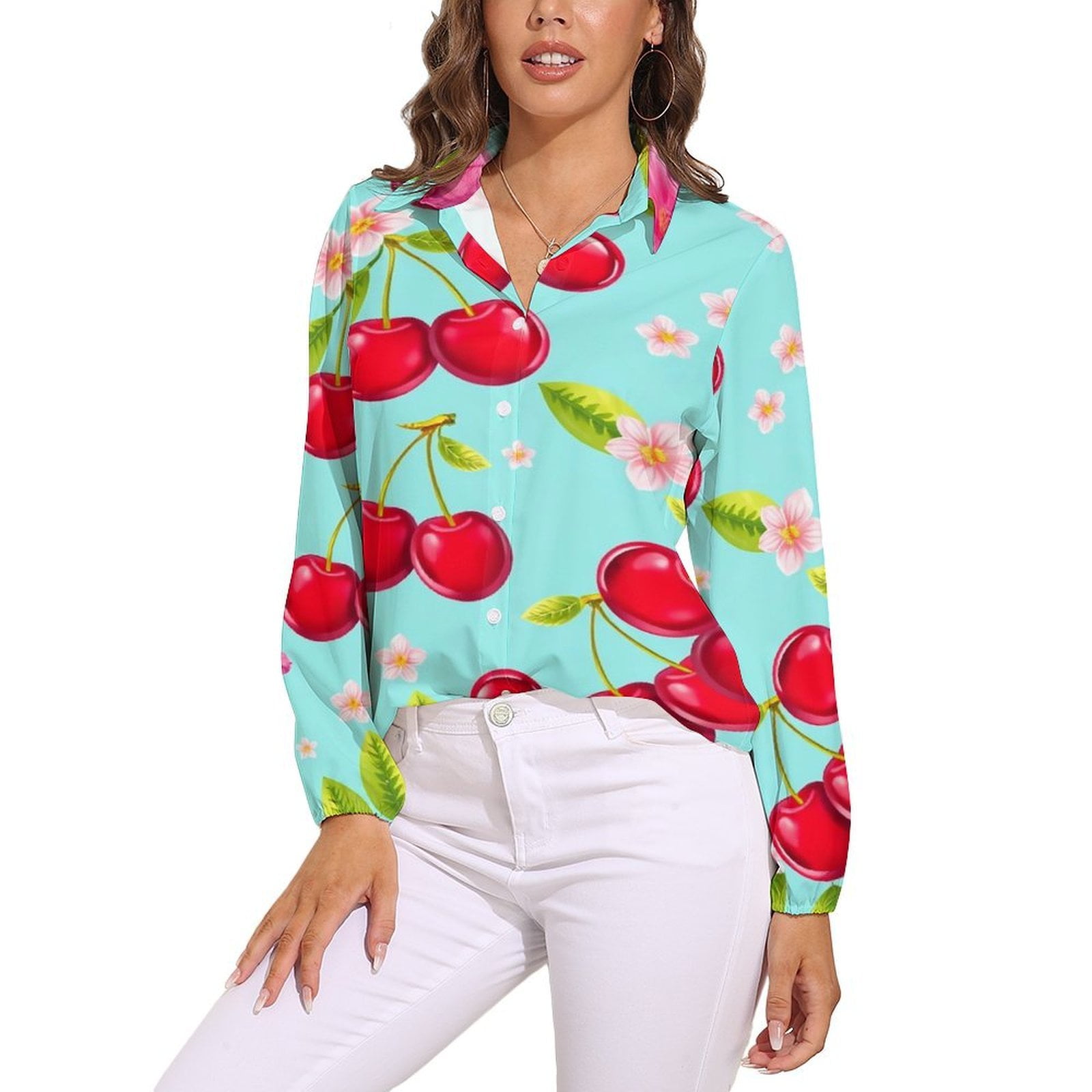 Cherry Blossom Pattern Blouse For Women Loose Blouses Long Sleeve ...